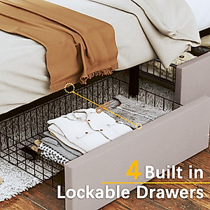 Fluest Full Bed Frame with Headboard Storage Drawers of 4 Upholstered Bed Frame Platform Adjustable Headboard Wooden Slats Support/No Box Spring Needed/Easy Assembly/Mattress Foundation,Beige