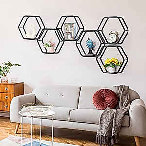 YBING Hexagon Floating Shelves Metal Black Honeycomb Shelves for Wall Metal Storage Hexagon Wall Shelves Set of 6 Hexagonal Floating Wall Mounted Storage Shelves for Living Room Bedroom
