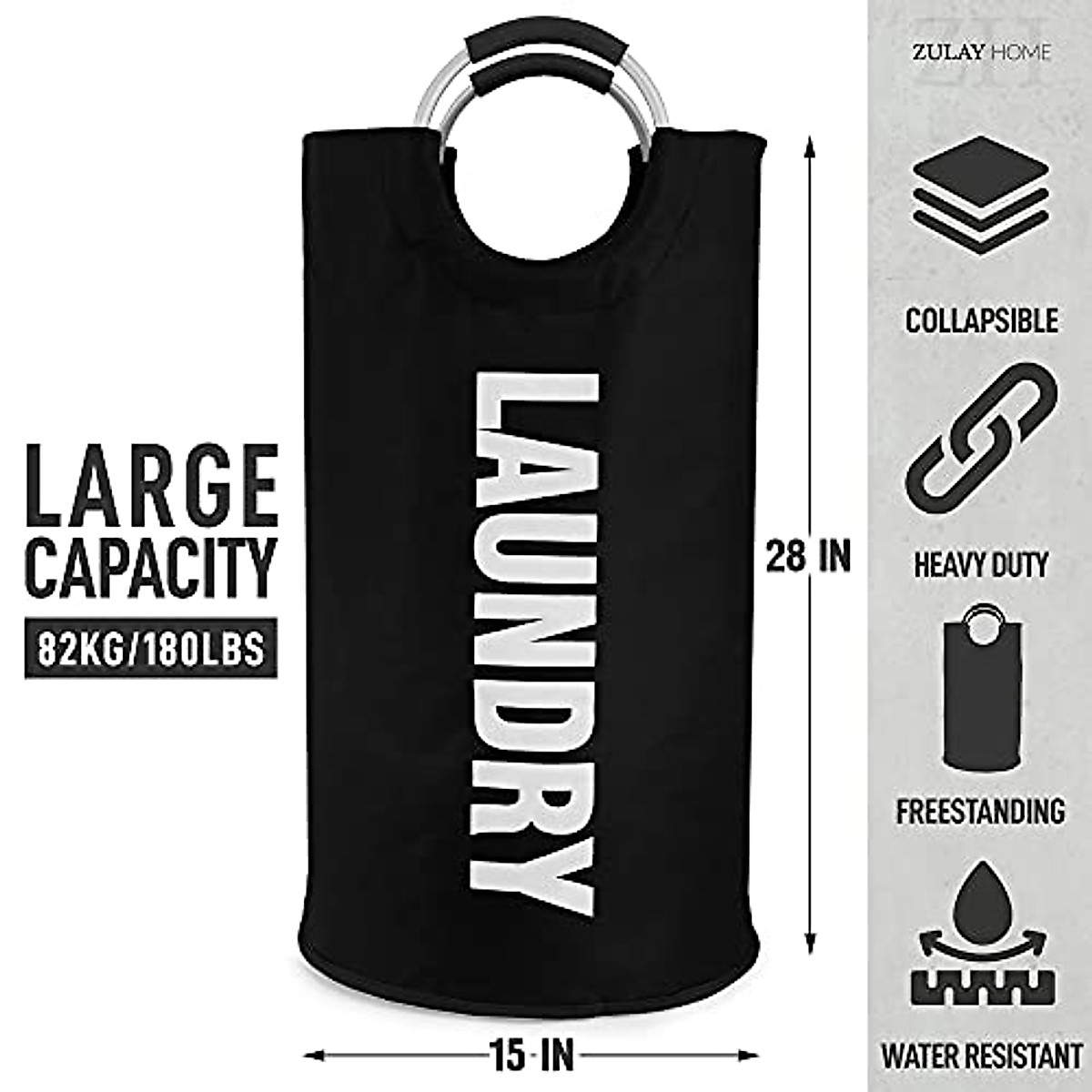 Zulay Home 82L Large Heavy Duty Laundry Basket Collapsible - Non-Slip Padded Laundry Bag With Handles - Waterproof Collapsible Laundry Baskets & Laundry Hampers For Bedroom, Dorm, Travel (Black)