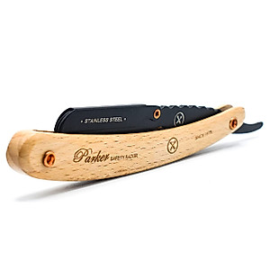 Parker SRP, Pine Wood Handle Straight Edge Barber Razor with Stainless Steel Blade Arm for Professionals, 5 Blades Included