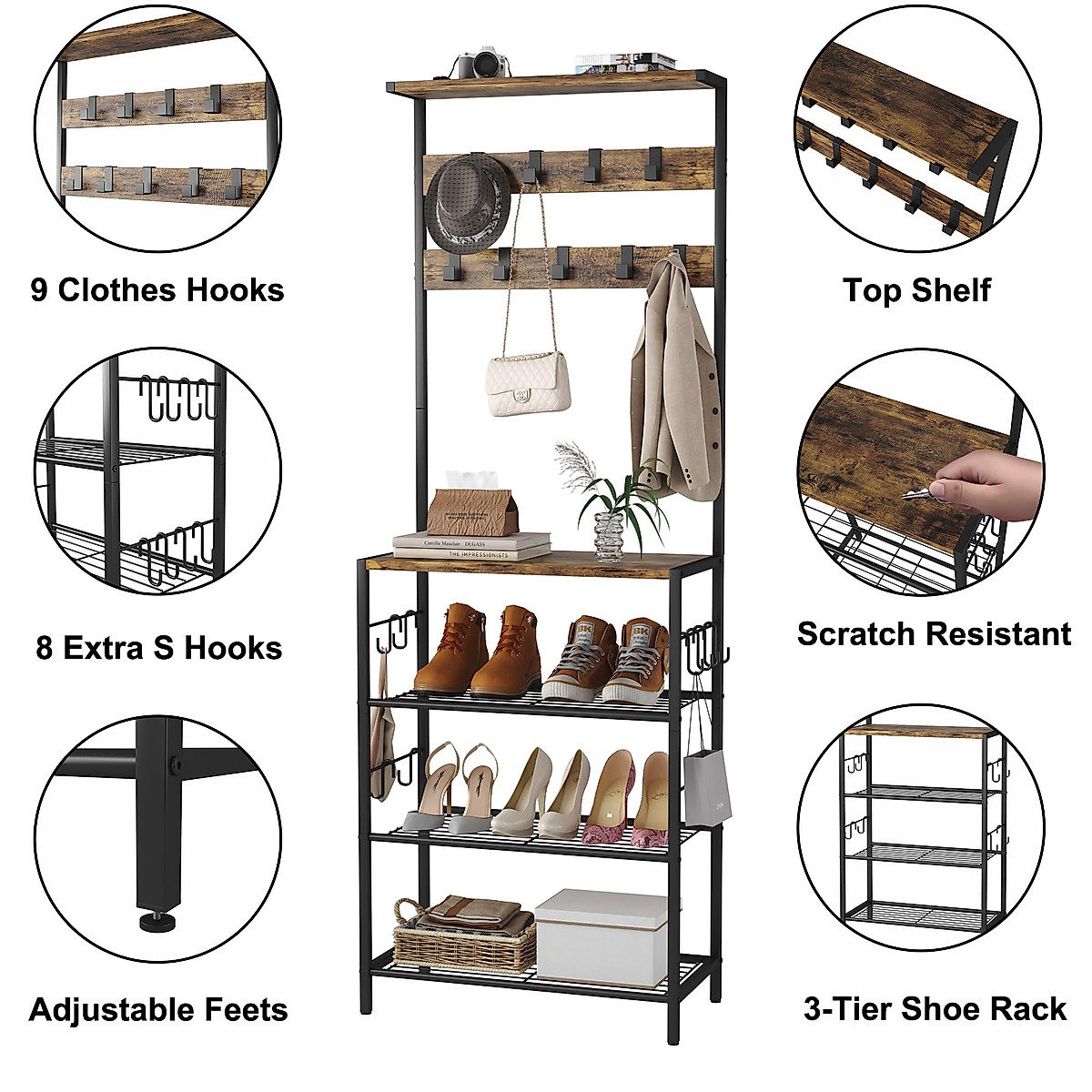 HOMEFORT Coat Rack with Shoe Storage, 5-Tier Shoe and Coat Rack with 9 Clothes Hooks, Freestanding Hall Tree Organizer for Entryway, Bedroom, Rustic Brown