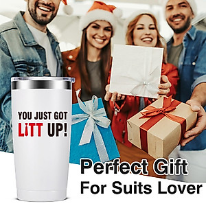 KIKERRO You Just Got Litt Up 20oz Stainless Steel Insulated Tumbler Cup Mug, Inspired by The Tv Show Suits Merchandise, Funny Gift for Suits Tv Show Fans, Birthday Christmas Gits, 20oz White