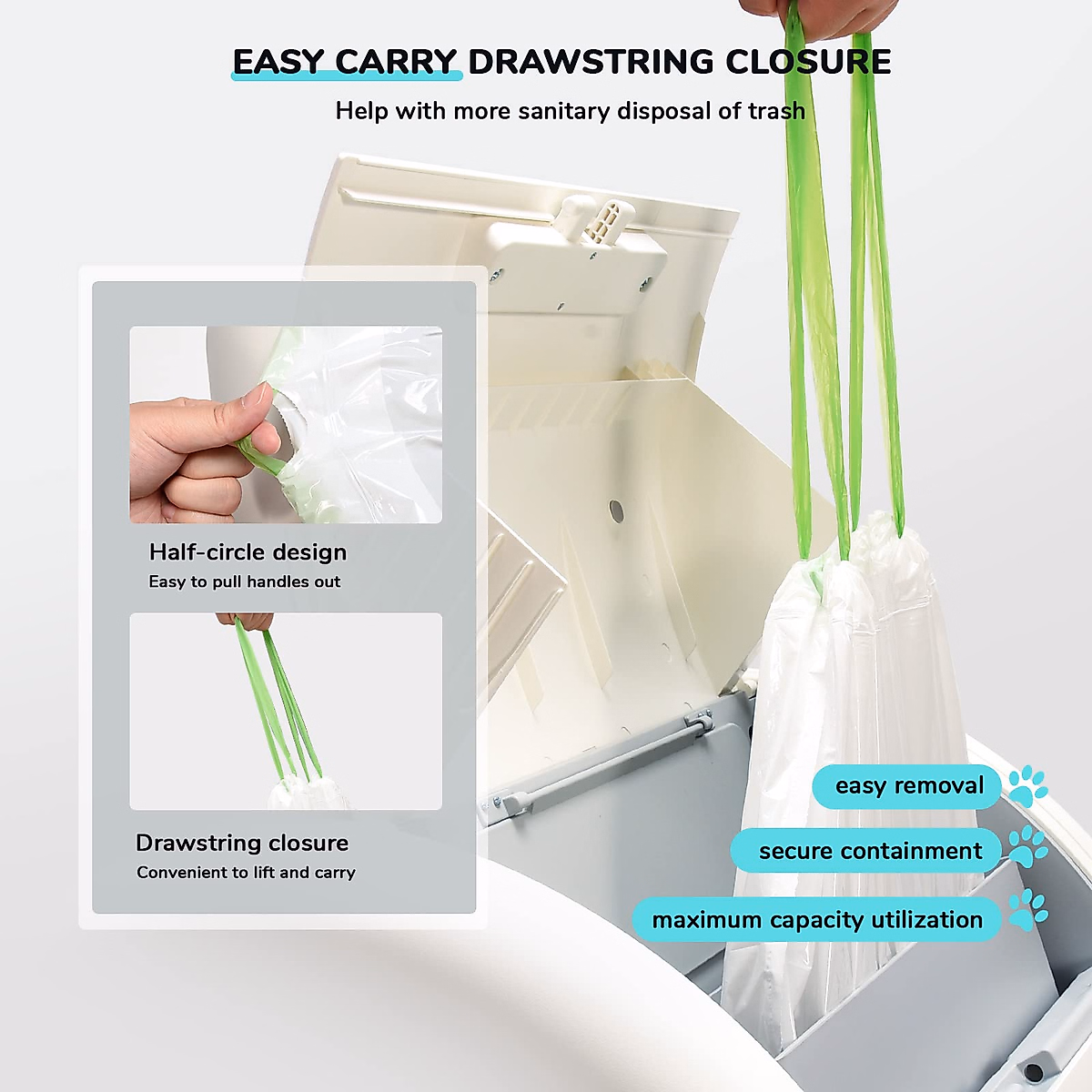 Bilibara 65 Count Drawstring Litter Box Liner Bags for Auto Self-Cleaning Litter Box, Extra Thick Leak Proof Cat Litter Replacement Waste Bags, Unscented, 18.1"W x 15.7"H, 3.5 Gal