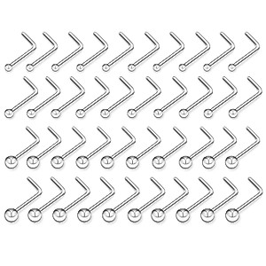 PiercingJ 40PCS 20G Stainless Steel Nose Stud Set Nose Rings L Shape 1.5mm 2mm 2.5mm 3mm Round Ball Bead Nose Retainer Body Piercing Jewelry for Women