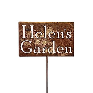 Custom Metal Garden Stake and Pet Memorial Signs Wall Art or Staked Options 20 to 33 Inches Tall Rusted or Powder Coated Finish (Rectangle Sign Plus Stake, 8x5 Inches)