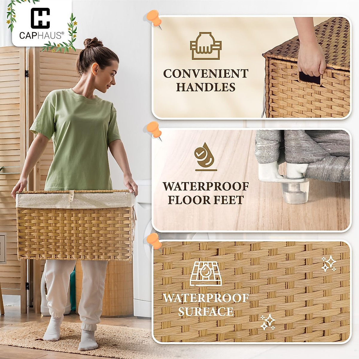 CAPHAUS Laundry Basket w/Lid, Synthetic Rattan Laundry Hamper w/Lid and Handles, 2 Removable Liner Bags, Foldable Clothes Hamper for Laundry, Large Storage Basket w/Lid, 65L, Grey