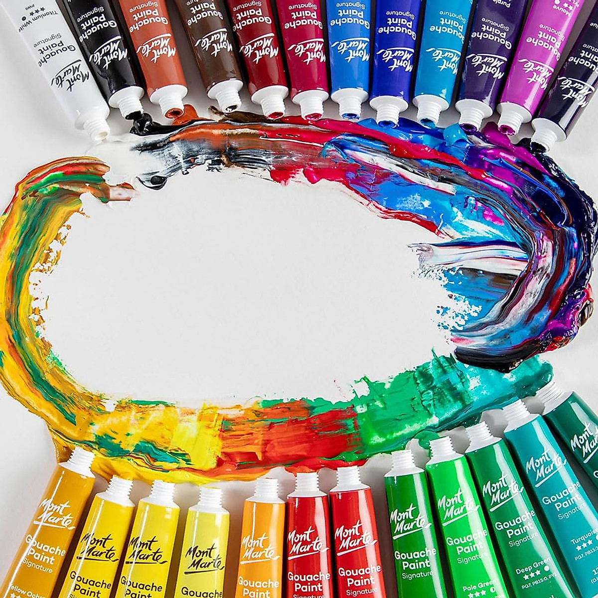 Mont Marte Signature Gouache Paint, 24 x 0.4oz (12ml), Semi-Matte Finish, 24 Colors, Suitable for use with Canvas, Watercolor Paper, Watercolor Paints and Mixed Media