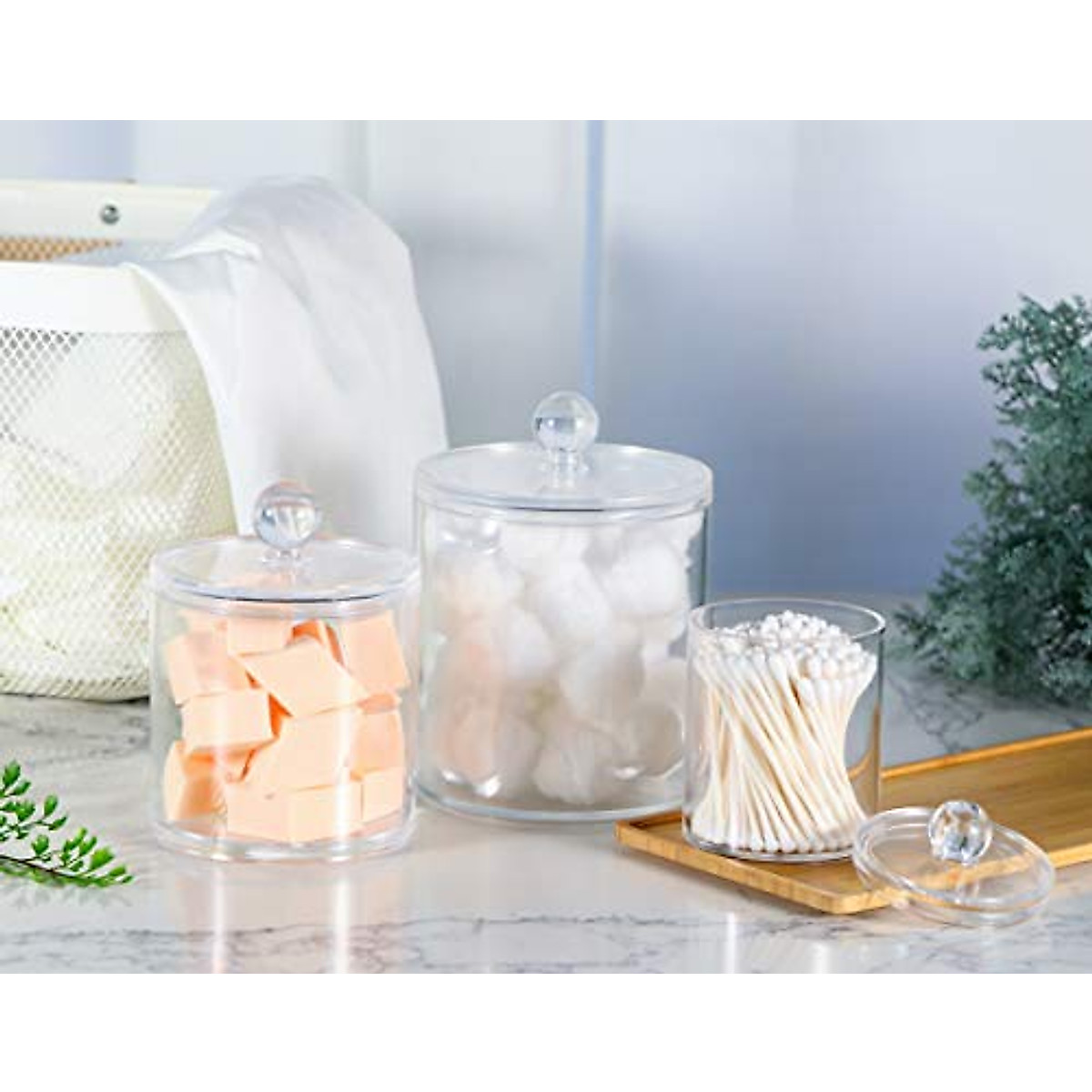 Marathon Studios Qtip Holder Dispenser Acrylic Clear 3 Pack for Cotton Swabs/Cotton Balls/Cotton Rounds, Bathroom Accessories Apothecary Jars Vanity Organizer, Bathroom Canisters - 30 oz/20 oz/10 oz