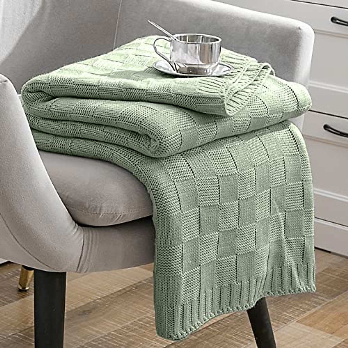 MILVOWOC Sage Knitted Throw Blanket Soft Checkered Throw Blanket Cozy Cable Knit Throw Blanket Woven Decorative Throw Blankets 50x60 Throw Blanket for Sofa Couch Bed Living Room