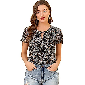 Allegra K Floral Blouse for Women's Short Sleeve Ruffled Tie Neck Blouse Small Black