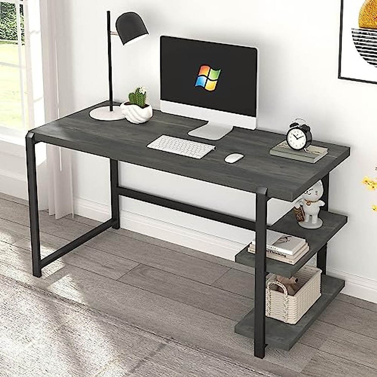 EXCEFUR Industrial Computer Desk with Shelves, 55 inch Rustic Wood and Metal Work Study Writing Table for Home Office, Grey