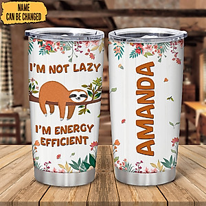 Hyturtle Personalized Gifts For Sloth Lover - I'm Not Lazy I'm Energy Efficient Custom Name Stainless Steel Tumbler 20oz With Lid - Idea Animal Lover Gifts For Women Girl On Birthday, Christmas