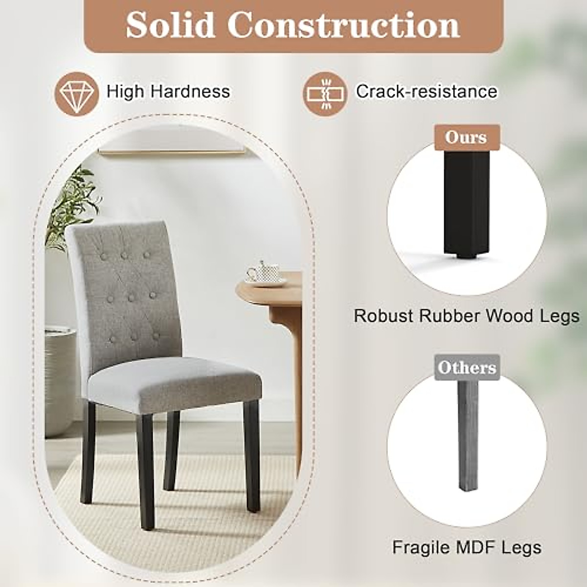 VECELO Upholstered Dining Chairs Set of 4, Button Tufted Back, Padded Seat, Wood Legs with Rubber Footpads, Accent Parsons for Living Room/Kitchen, Light Grey