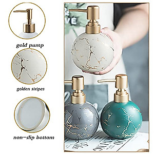 White Refillable Soap Dispenser for Kitchen Sink,Small Gold Ceramic Lotion Pump Bottle for Bathroom Countertop Sink, Round Hand Soap Dispenser Bottle with Golden Stripe for Laundry Shower Liquid