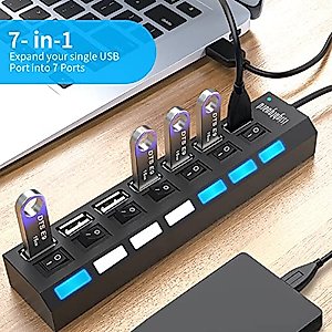 Multi Port USB Splitter, 7 in 1 USB Port 2.0 Hub with High Speed Individual ON/Off Switches and LEDs USB Port Expander (7-Port USB)