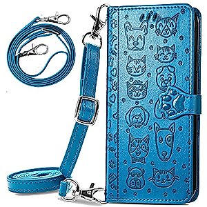 CCSmall Samsung Galaxy A12 Crossbody Cell Phone Wallet Case,Cute Cat Dog Cartoon Style Flip Phone Cover with Removable Lanyard Strap with Card Holde Case for Samsung Galaxy A12 MGG Blue