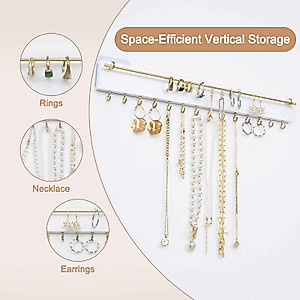 SCUNDA Wall Jewelry Holder Organizer, Adhesive Jewelry Organizer Wall Mount, Space-saving Jewelry Rack with 14 Hooks and Holder, Wooden Jewelry Shelf for Necklace, Earing, Ring, Bracelet(White)