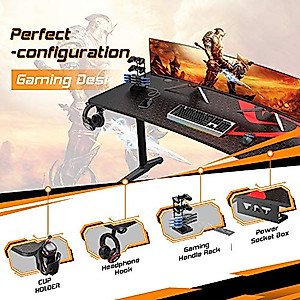 DESIGNA 60 inch Gaming Desk, Large Curved Computer Desk with Full Mouse Pad, T-Shaped Professional Gamer Studio Table for 3 Monitors with USB Handle Rack Cup Holder Headphone Hook, Carbon Fiber Black