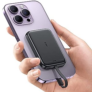 EMNT Small Magnetic Portable Charger for iPhone,5200mAh Mini Power Bank with Built-in Cable/Metal Stand, Battery Pack Compatible with iPhone 14/14 Plus/Pro Max/13/12/11/XS/XR/X/8/7/6/6s/Airpods More 5