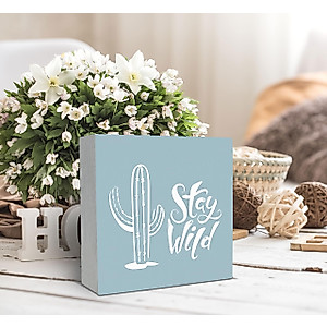 SRADMO Stay Wild Retro Western Country Cactus Wood Box Sign Desk Decor，Wild West Wooden Block Box Sign Decoration For Western Home Shelf Table Decor