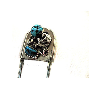 Hand Crafted by Virginia Johnson Giant Diaper Pin W/Key Ring Chain W/Nugget Dyed Turquoise & Crafted Eagle