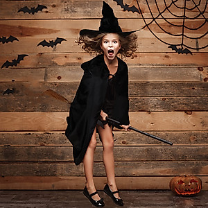 3 Pcs Kids Witch Halloween Cosplay Costume Includes Hooded Long Cloak Large Ruched Halloween Witch Hat Witch Broomstick(Retro)