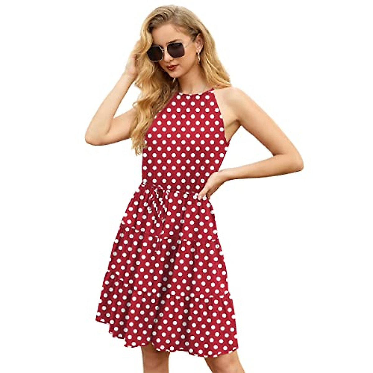 GRECERELLE Women 2023 Summer Halter Neck Dresses Sleeveless Casual Polka Dot Print Short Boho Ruffle Sundress(Medium, PD Wine Red)