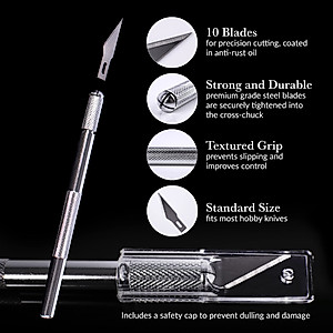 W.A. Portman Hobby Knife Set - Precision Exacto Knife Set with 10 SK5 Steel Pottery Knife Blades - Craft Knife Set with 10 Scalpel Sharp #11 Craft Blades - Modeling Knife Set and #11 Hobby Blades