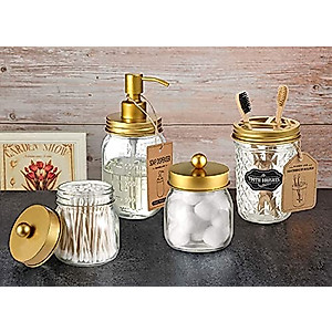 Amolliar 4PCS & 2pcs Gold Mason Jar Bathroom Accessories Set-3pcs Lotion Soap Dispenser & 2 pcs Cotton Swab Holder &1pcs Toothbrush Holder,Waterproof Stickers,Rustic Farmhouse Decor