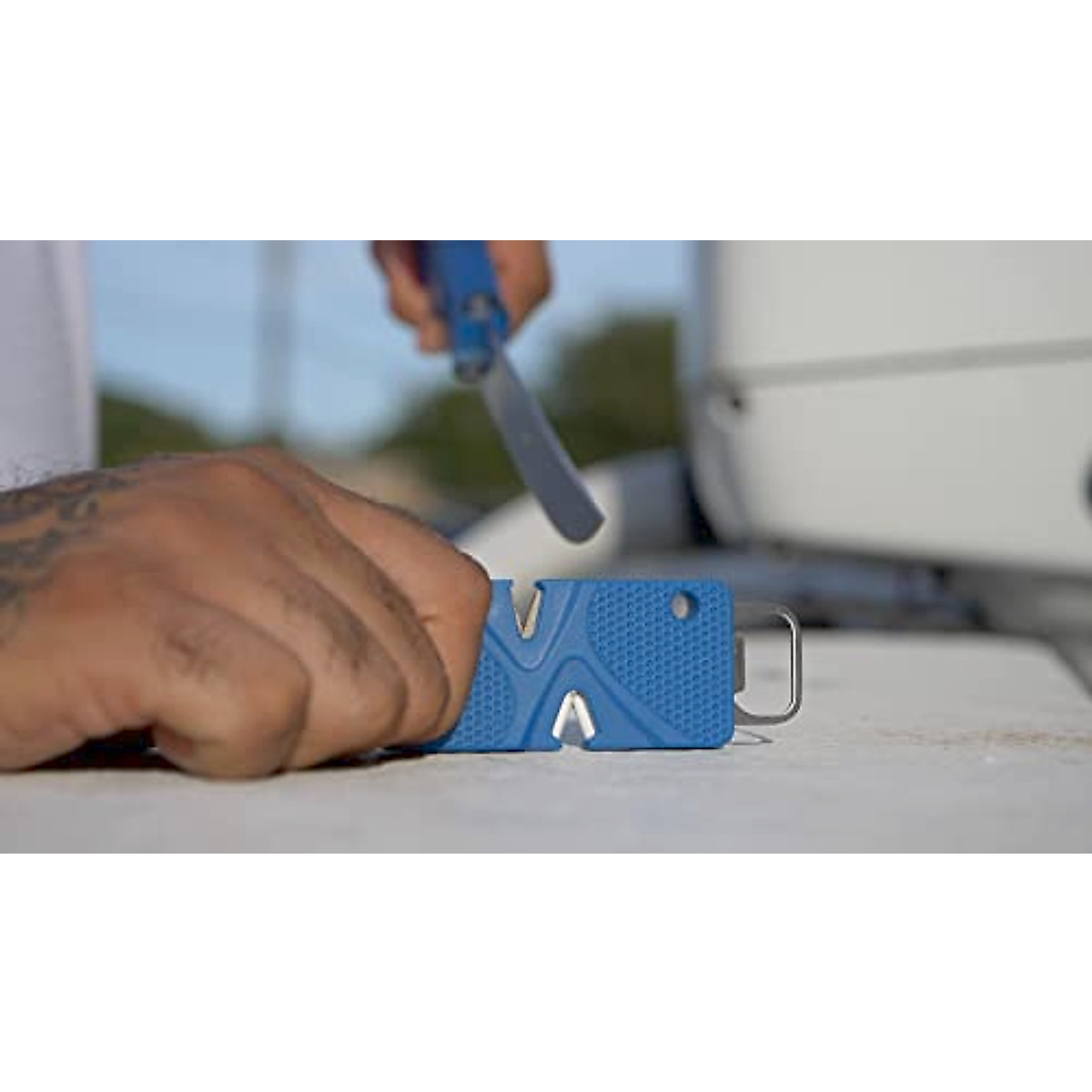 CUDA Diamond Pocket Sharpener #23062 | Compact Portable Sharpener with Integrated Line Cutter, Bottle Opener, & Hook Sharpening Grooves