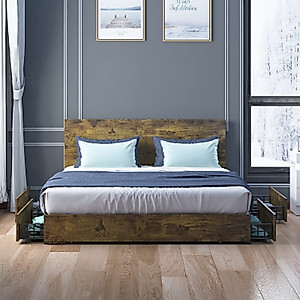 Mjkone California King Size Bed Frame with Storage, Rustic Cal King Size Platform Bed with Headboard, Platform Bed Frame with 4 Drawers, Wood Slat Support, No Box Spring Needed, Easy Assembly