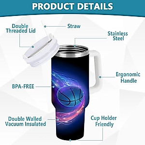 Caikeny Insulated Tumblers with Lid and Straw Basketball Ball 30 oz Reusable Stainless Steel Cup Flames Lights Water Bottle Coffee Travel Tumbler Mug for Women Men