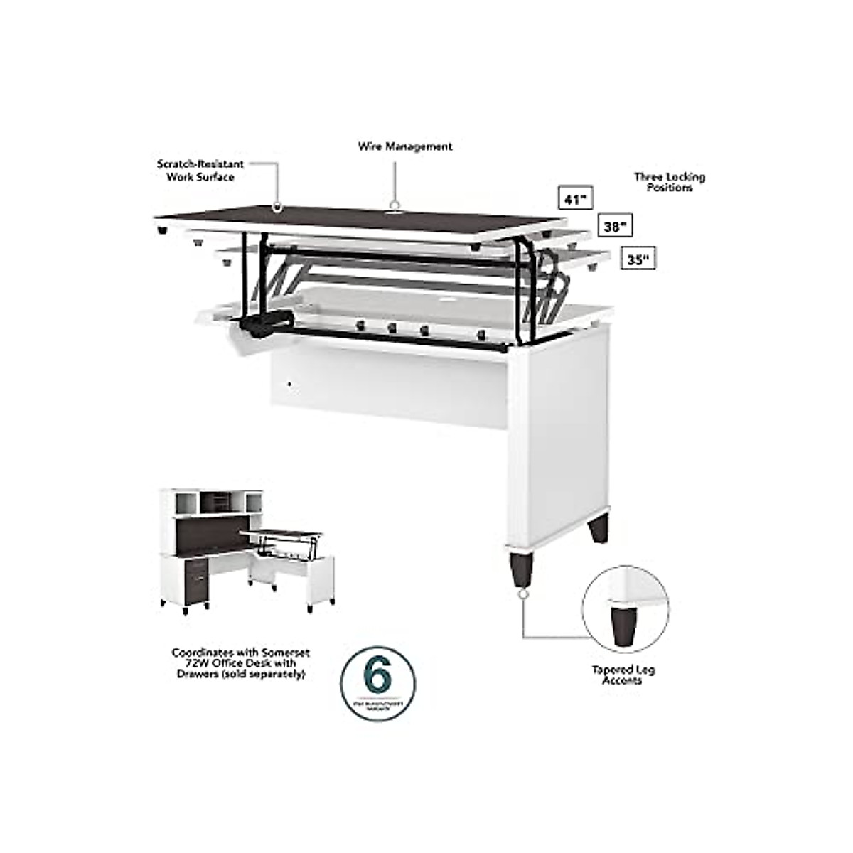 Bush Furniture Somerset 72W 3 Position Sit to Stand L Shaped Desk with Hutch and Bookcase in White and Storm Gray