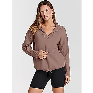 ANRABESS Quarter Zip Sweaters for Women Long Sleeve Casual Collared V Neck Knit Zipper Loose Fit Solid Pullover Jumper 2023 Fall Winter Fashion Clothes with Pockets 780doukou-S