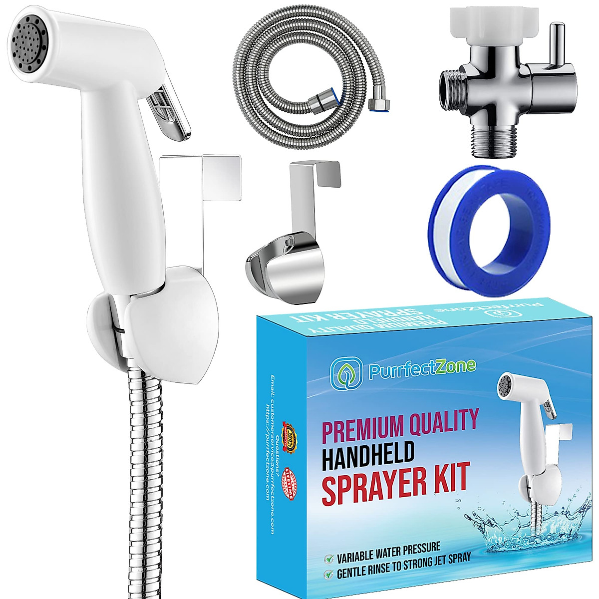 Purrfectzone Bundle of Two Complete Bidet Kits - White Bidet and Stainless Steel Bidet Sprayer for Toilet Sets, Two Kits Bundle