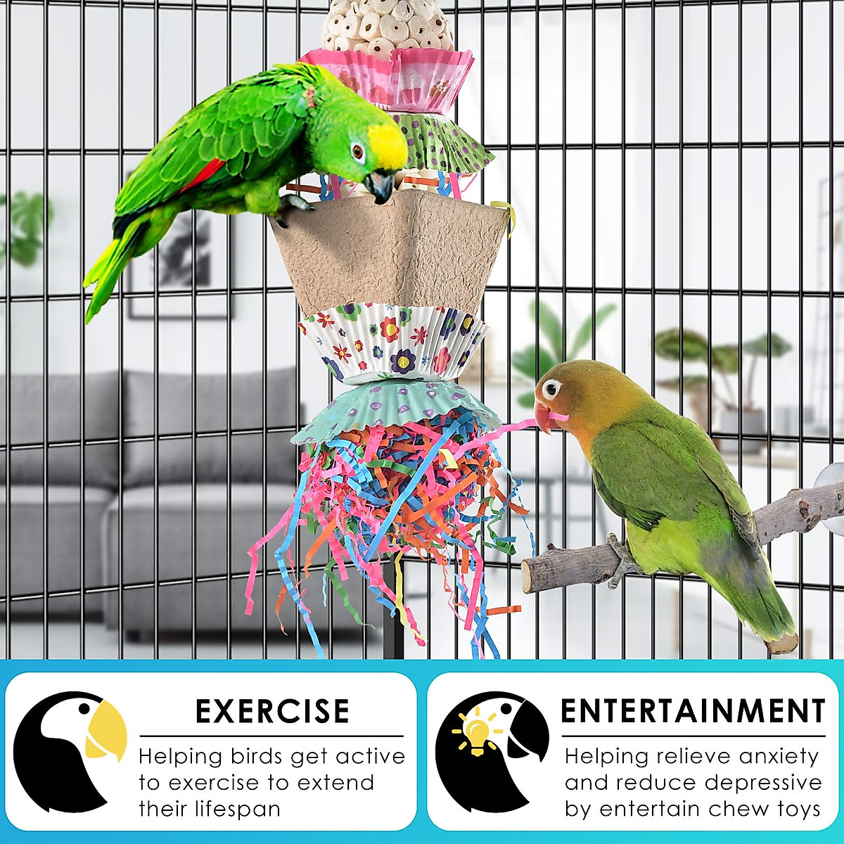 Bissap Conure Toys, Bird Parrot Foraging Shredder Hanging Toys 2 Sola Balls Wooden Block Tassels with Bell for Small Parrots Parakeets Conures Cockatiels Love Birds Cage Toy