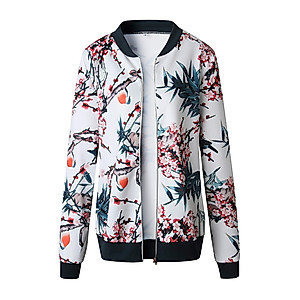 ECOWISH Women's Casual Floral Zip Up Bomber Jacket Coat Stand Collar Lightweight Short Outwear Tops Blue M 832 Blue Medium