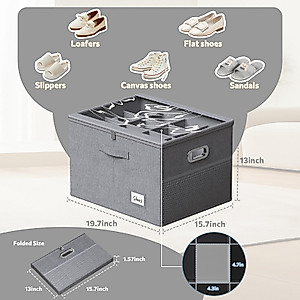 2 Pack Shoe Organizer for Closet Large Shoe Box Storage Containers with Clear Window Space Saving Shoe Bin with Foldable Bottom Support Adjustable Dividers Fits 32 Pairs (Grey, (19.7x15.7x13inch) x2)