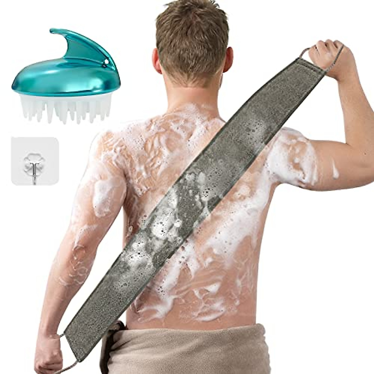 Loofah Back Scrubber, 35.4 Inch Exfoliating Back Scrubber for Bath Shower Scrubber for Men and Women, Luffa Scrubber to Deep Clean Your Skin, with Hair Shampoo Brush and Wall Hook
