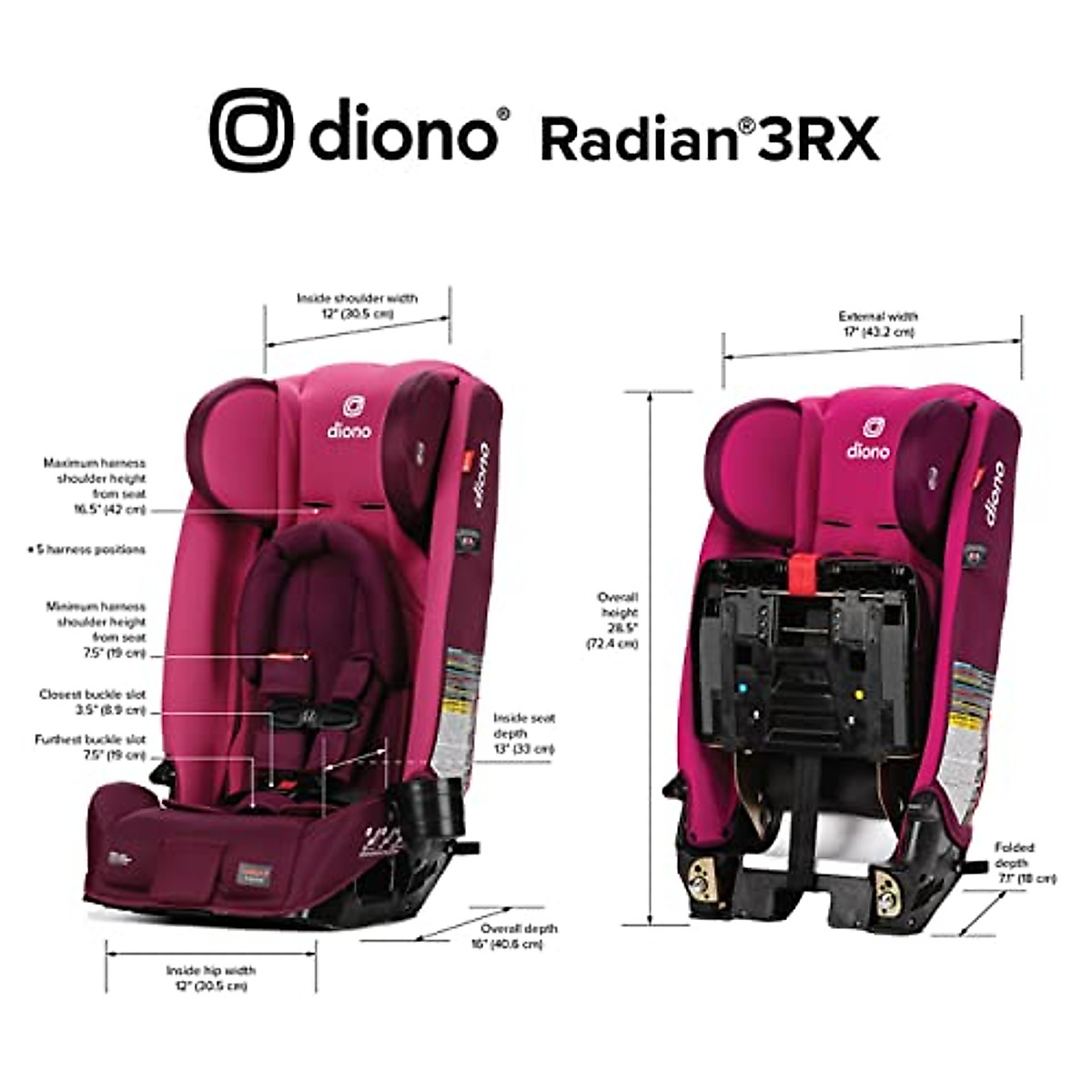 Diono Radian 3RX 3-in-1 Rear and Forward Facing Convertible Car Seat, Adjustable Head Support & Infant Insert, 10 Years 1 Car Seat Ultimate Safety and Protection, Slim Fit 3 Across, Pink Blossom
