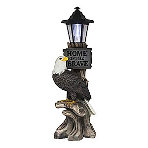 Ebros Home of The Brave Patriotic American Bald Eagle Perching On Tree Stump Garden Courtesy Night Light Statue Solar LED Lantern Lamp Guest Greeter Decor for Patio Poolside Home Figurine