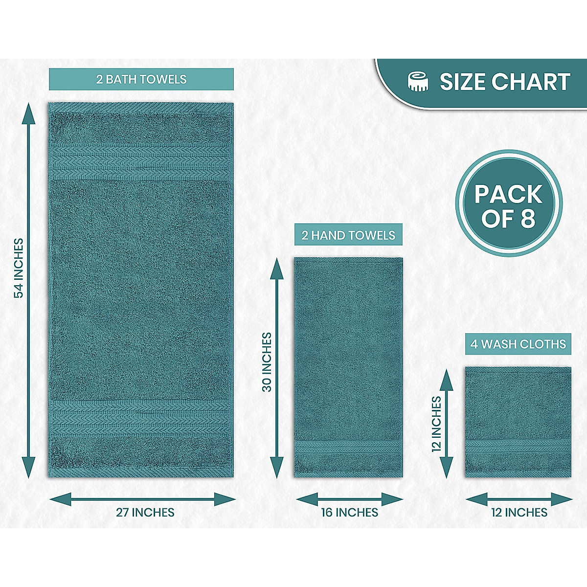 AKTI Premium 8 Piece Bathroom Towel Set, 2 Bath Towel 2 Hand Towel 4 Wash Cloth Bathroom Set, 100% Cotton Bathroom Towels with 580 GSM, Extra Absorbent & Quick Drying Towels for Bathroom