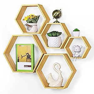 Hexagon Shelves Wall Floating Hexagonal Shelves Set of 5 Honeycomb Bamboo Shelves Floating Storage Display Shelves for Wall Decor Honey Comb Shelf Farmhouse Hexagon Rack in Living Room Bedroom Study