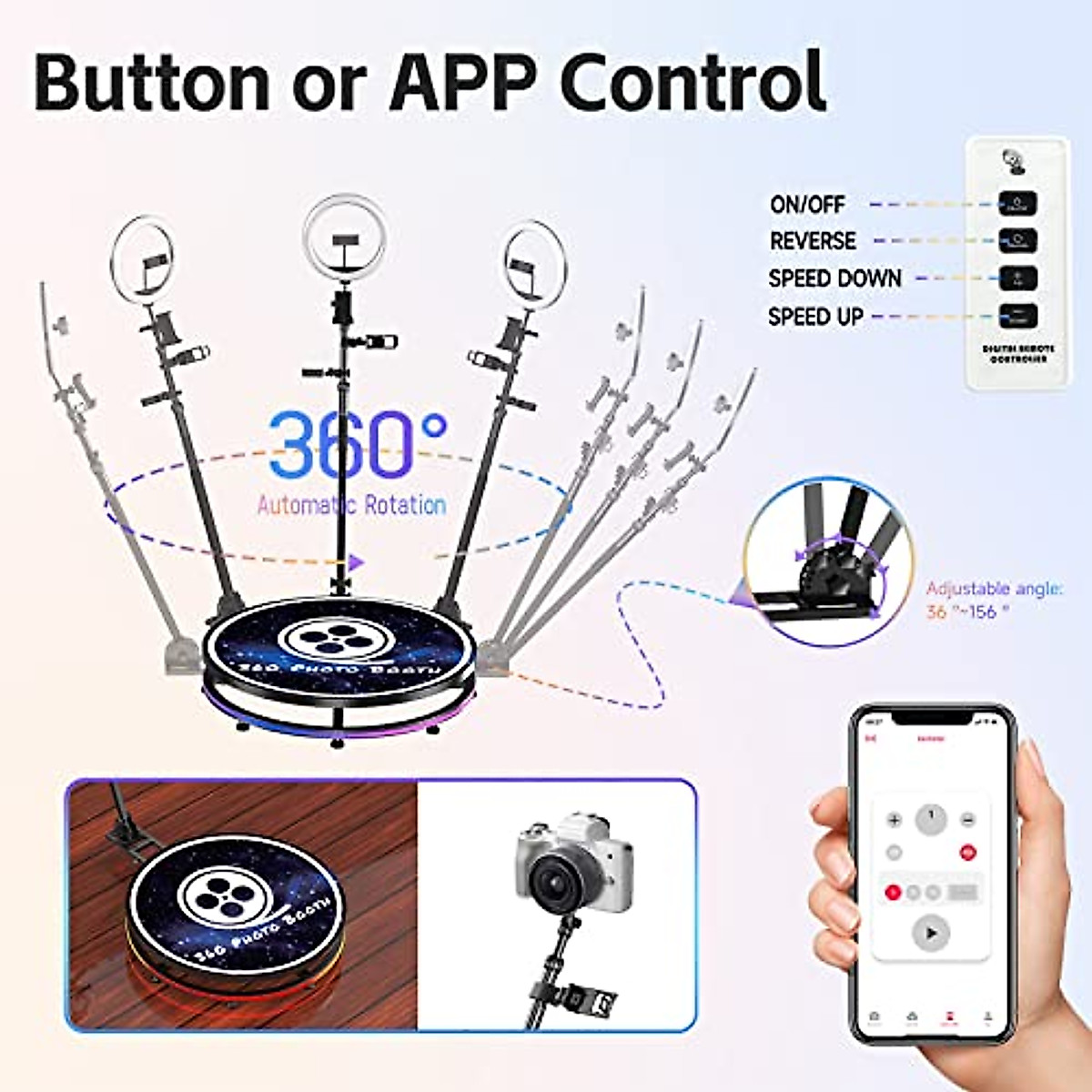 YCKJNB 360 Photo Booth 39.4" Machine with Flight Case,5 People Stand,Free Custom Logo with Extra Replacement Accessories,Software APP Control, Rotating Platform Auto Slow Motion Spinner Camera Booth