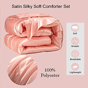 Satin Comforter Queen Silk Like Satin Comforter Down Alternative Comforter Soft Polyester Filling Silky Bed Comforter Pink Girls Comforter 1 Comforter 2 Pillowcase (Queen, Pink)