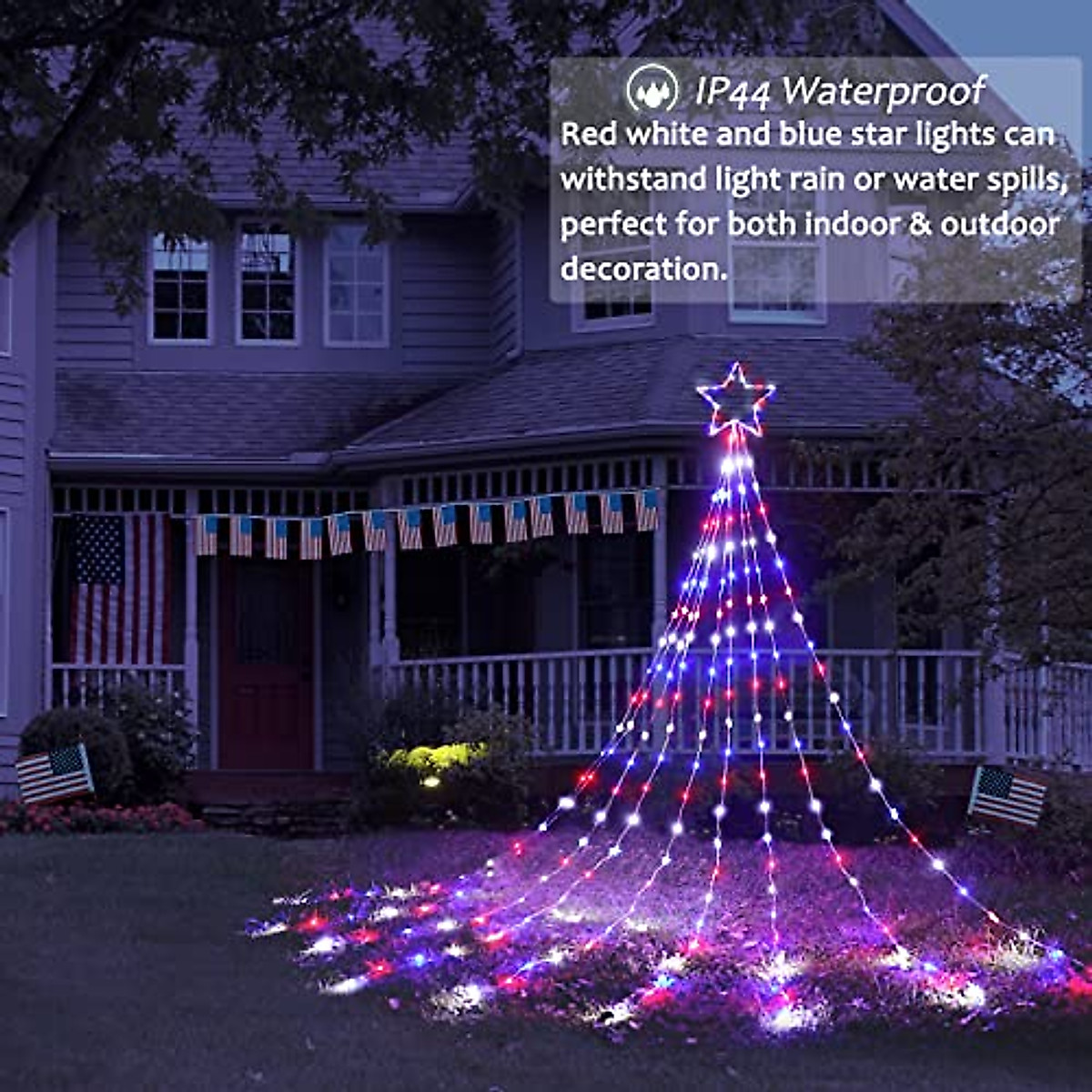 FunNite 4th of July Outdoor Star String Lights, 13ft 240 LED Red White and Blue Curtain Lights Patriotic Fairy Lights Waterproof for Independence Day Tree Yard Garden Wall Party Holiday Decor