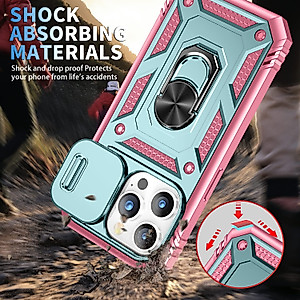 DAWEIXEAU Case for iPhone 14 Pro Max, Shockproof Impact Resistant with Slide Lens Protective Cover Case for iPhone 14 Pro Max (6.7 inch) (Pink Green)