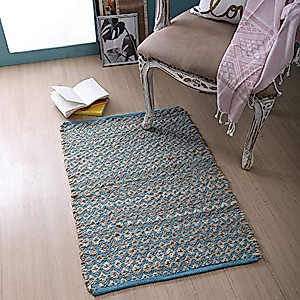 Jute Cotton Rug 2x3'- Hand Woven by Skilled Artisans, for Any Room of Your Home décor - Reversible for Double The wear - Diamond Design - Jute Cotton Rug - Natural Teal,Kitchen Rug,Entry Way Rug