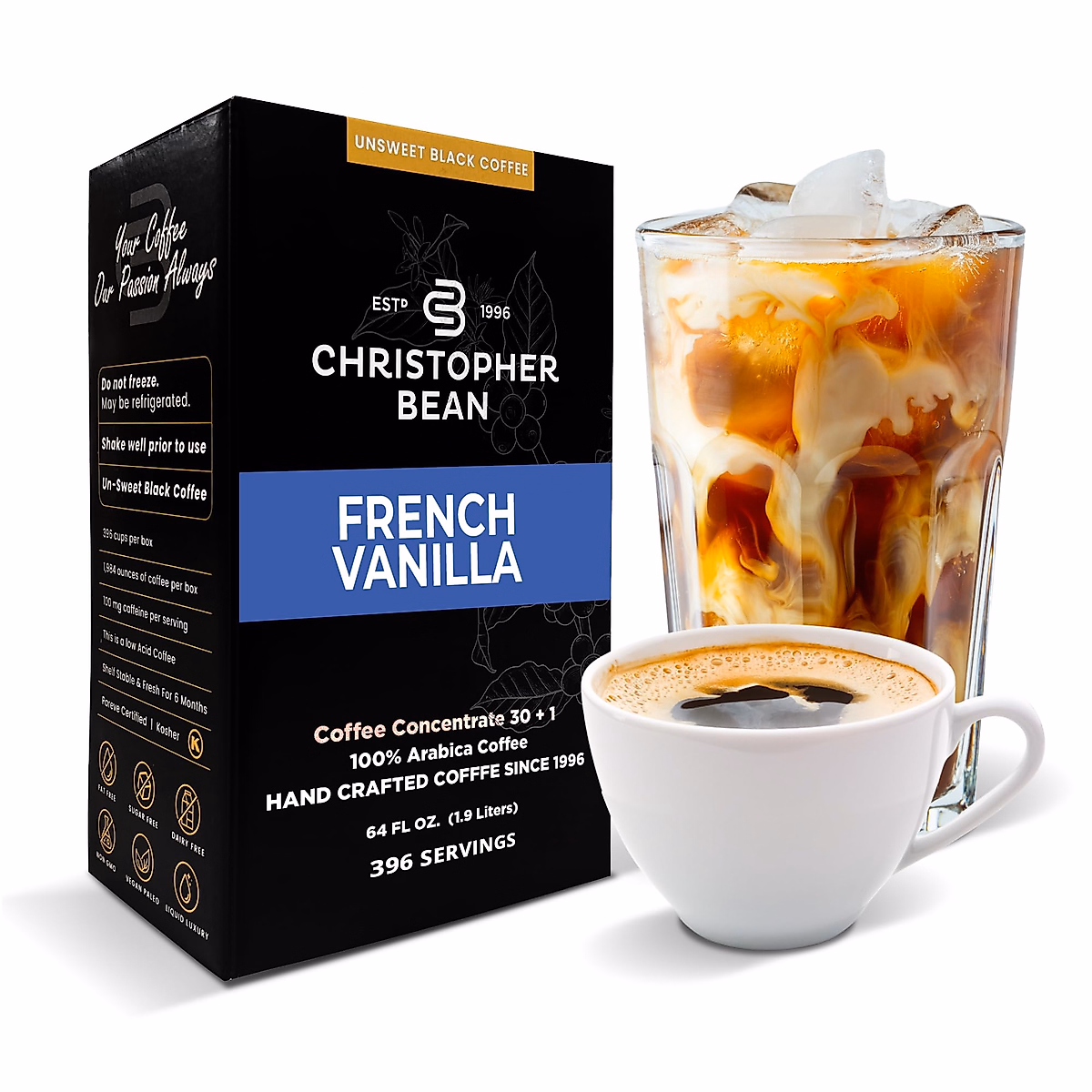 Christopher Bean Coffee - 396 servings, 30 to 1 Blend Bag in Box Liquid Instant Coffee or Cold Brew Coffee Concentrate - Hot or Iced Coffee - French Vanilla