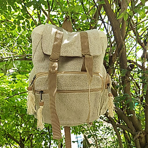 Fwosi Handmade Beige Laptop Backpack - Pure Hemp Bookbag for School, Day Hiking & Travel - Lightweight, Multi-Pocket, 5 Compartments for Books, Purse, Wallet, Everyday Accessories - Crafts from Nepal